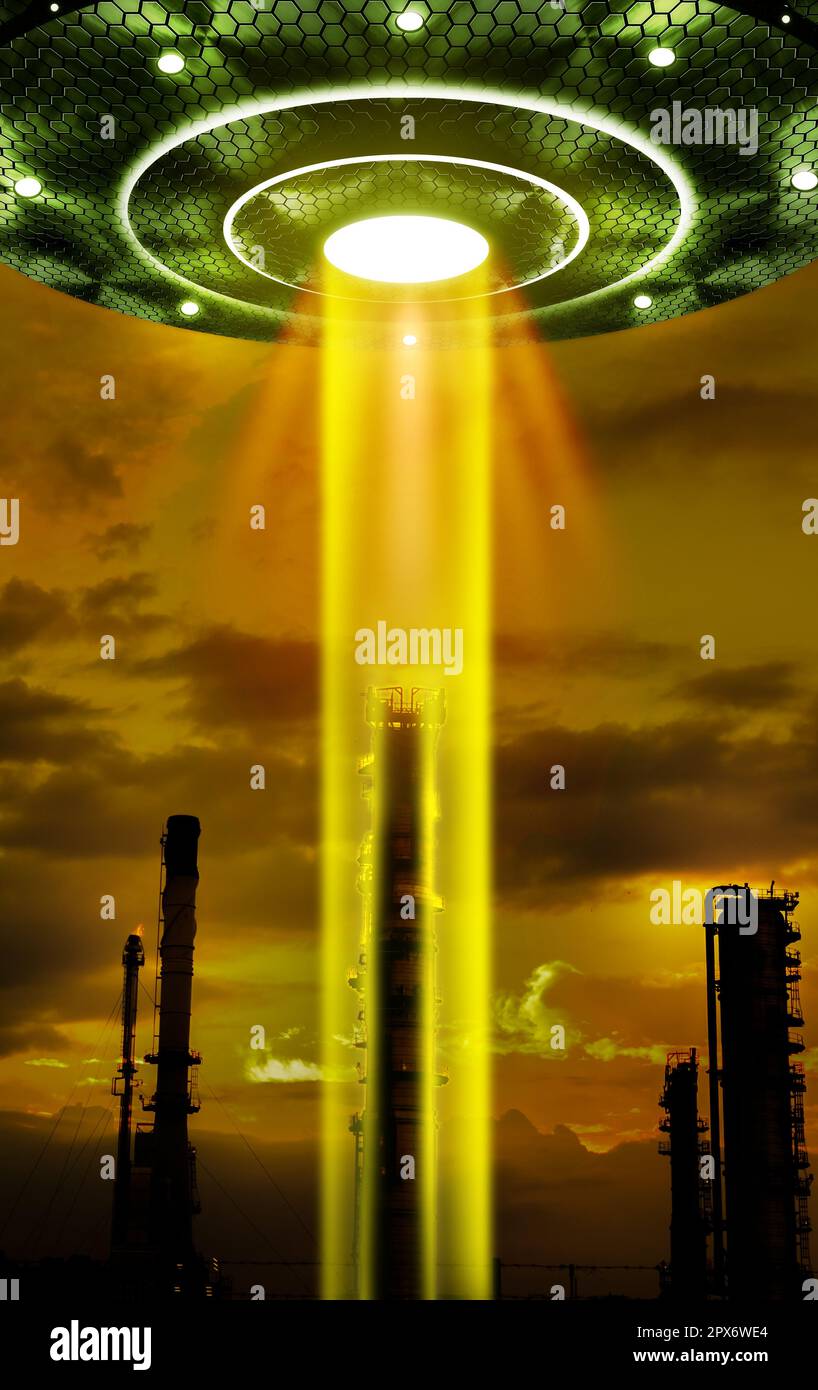 3D Rendering UFO Shoots beams of energy to absorb energy from energy ...
