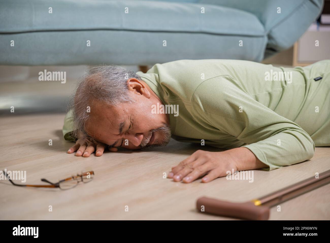 Asian elderly man retired headache after fall down, Sick senior old man ...