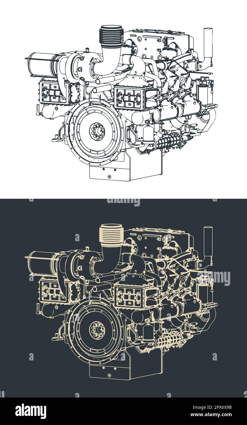 Stylized vector illustration of heavy duty marine diesel engine Stock ...