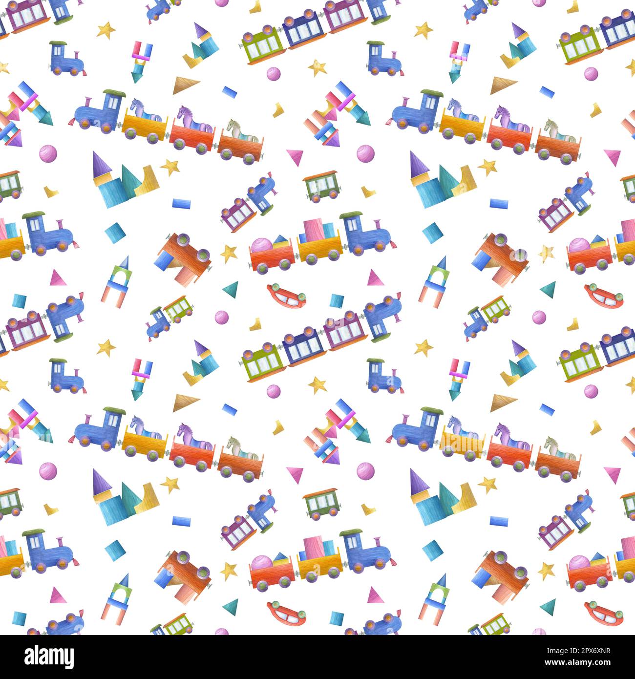 Watercolor seamless pattern of kid wooden toys isolated on white ...