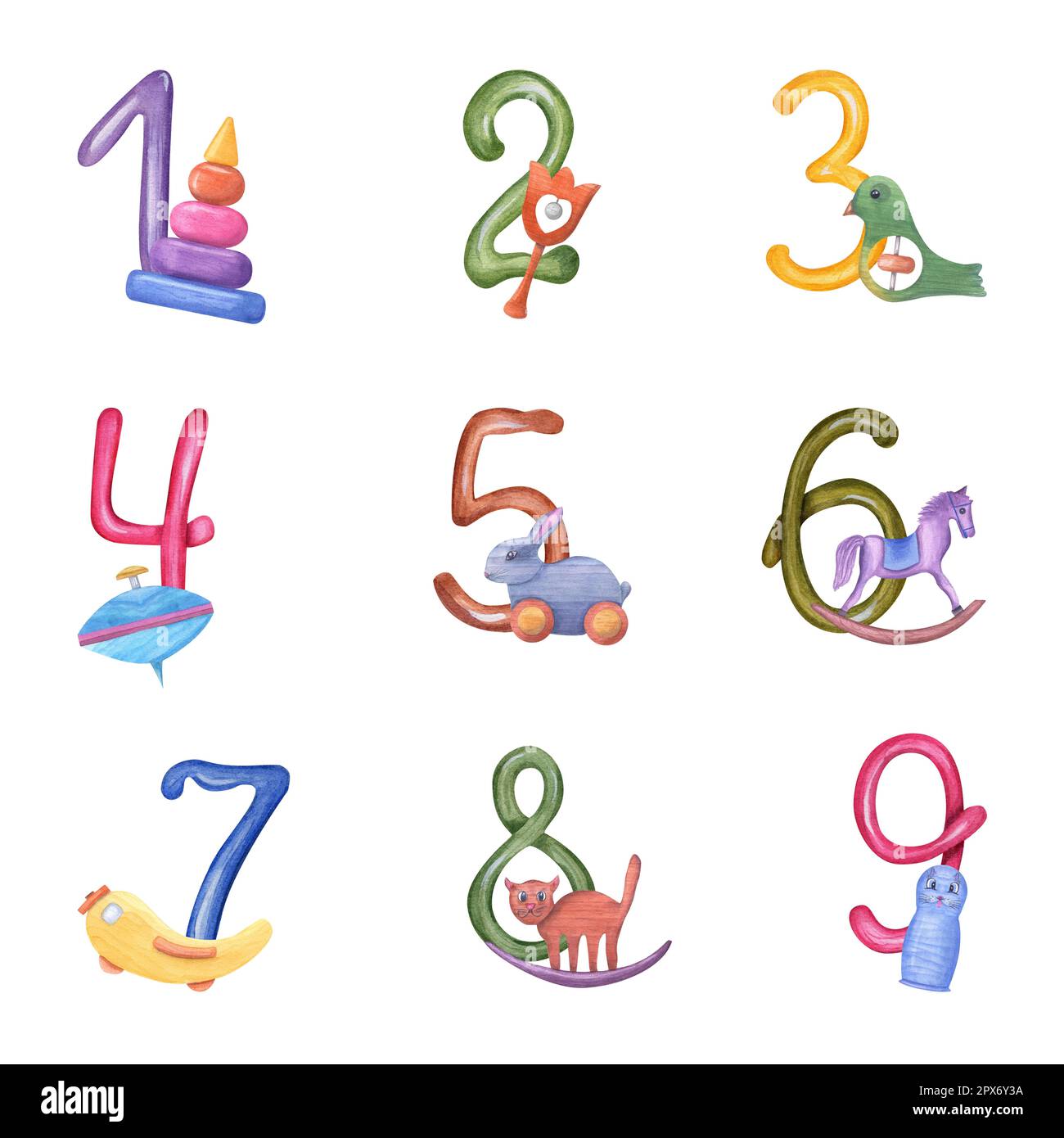 Watercolor illustration of numbers from 1 to 9 with kid wood toys ...