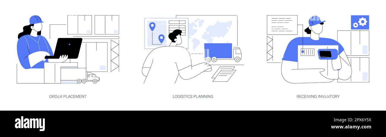 Supply chain management abstract concept vector illustration set. Order ...