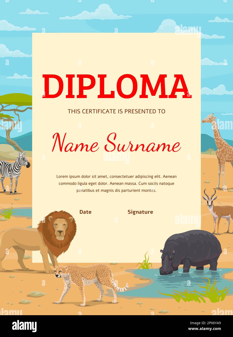 Hunter or conservationist diploma. Cartoon african safari animals in ...