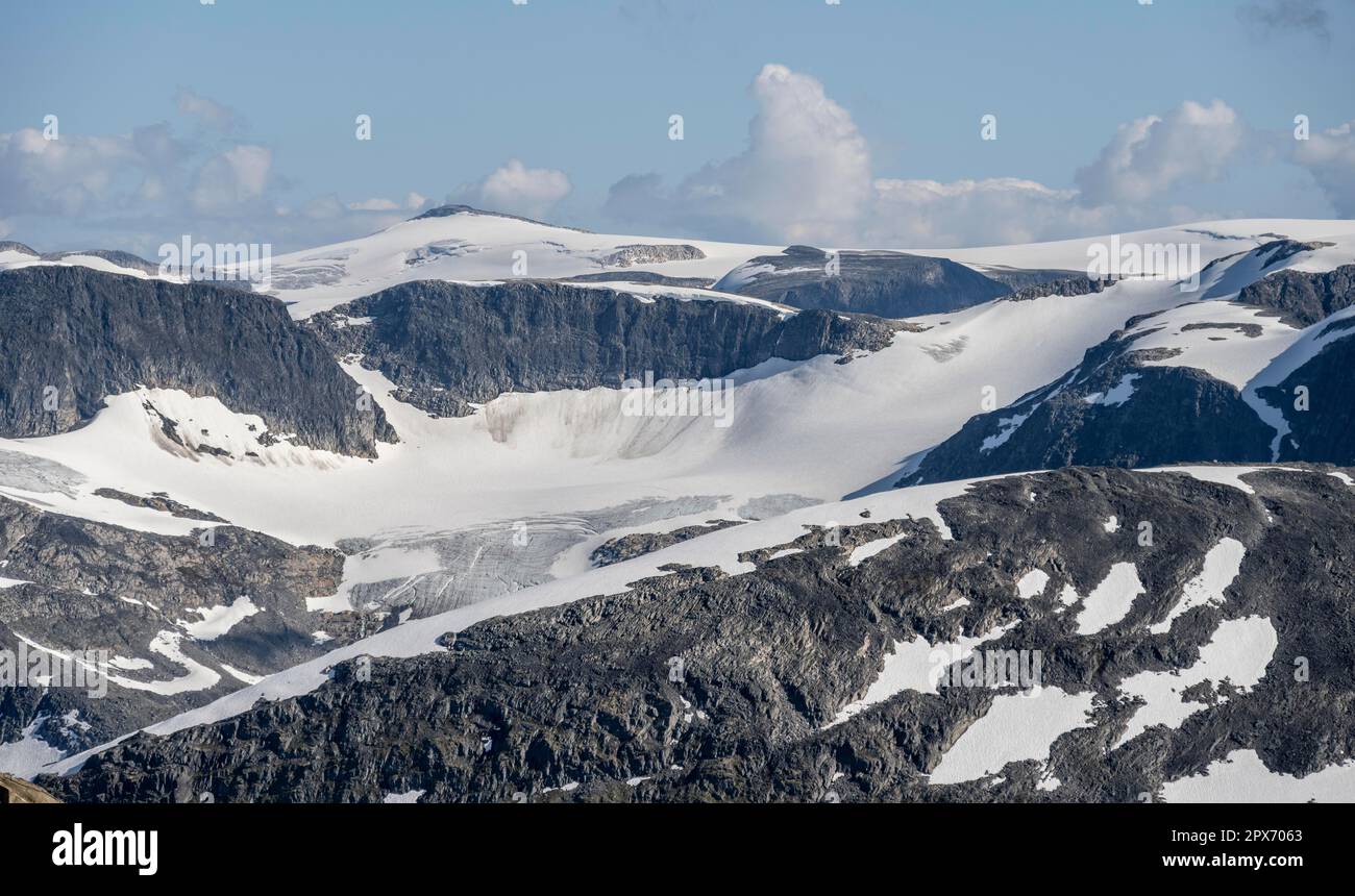 Mountains with glacier tongue of Jostedalsbreen, from the summit of ...