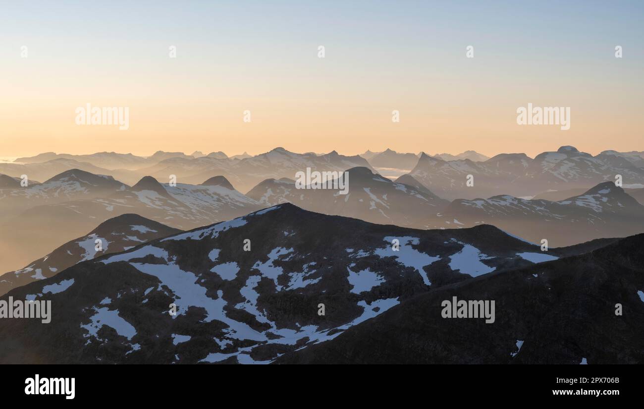 Mountain panorama with remnants of snow from the summit of Skala, at ...