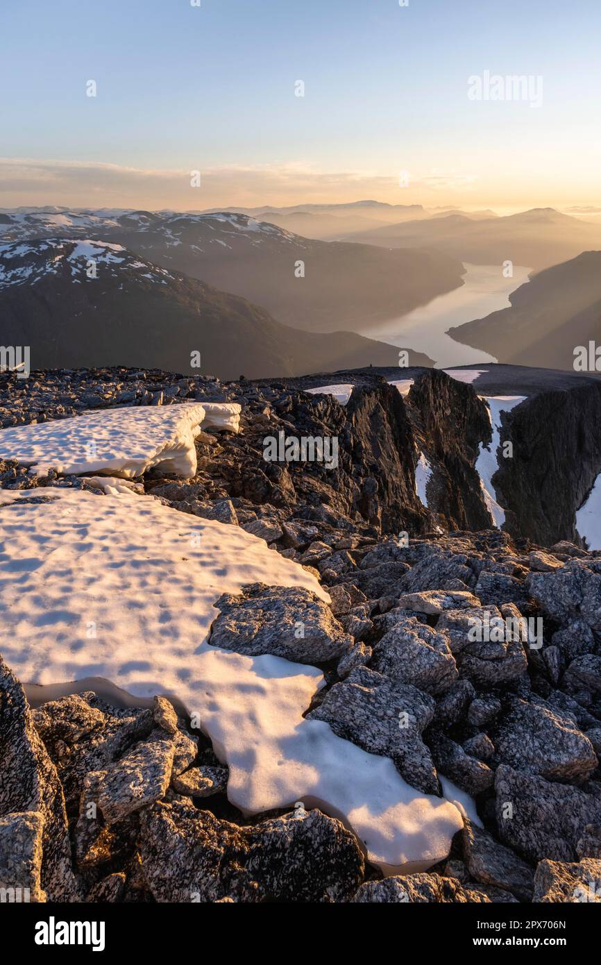 View of mountains and fjord Faleidfjorden, at sunset, summit of Skala ...