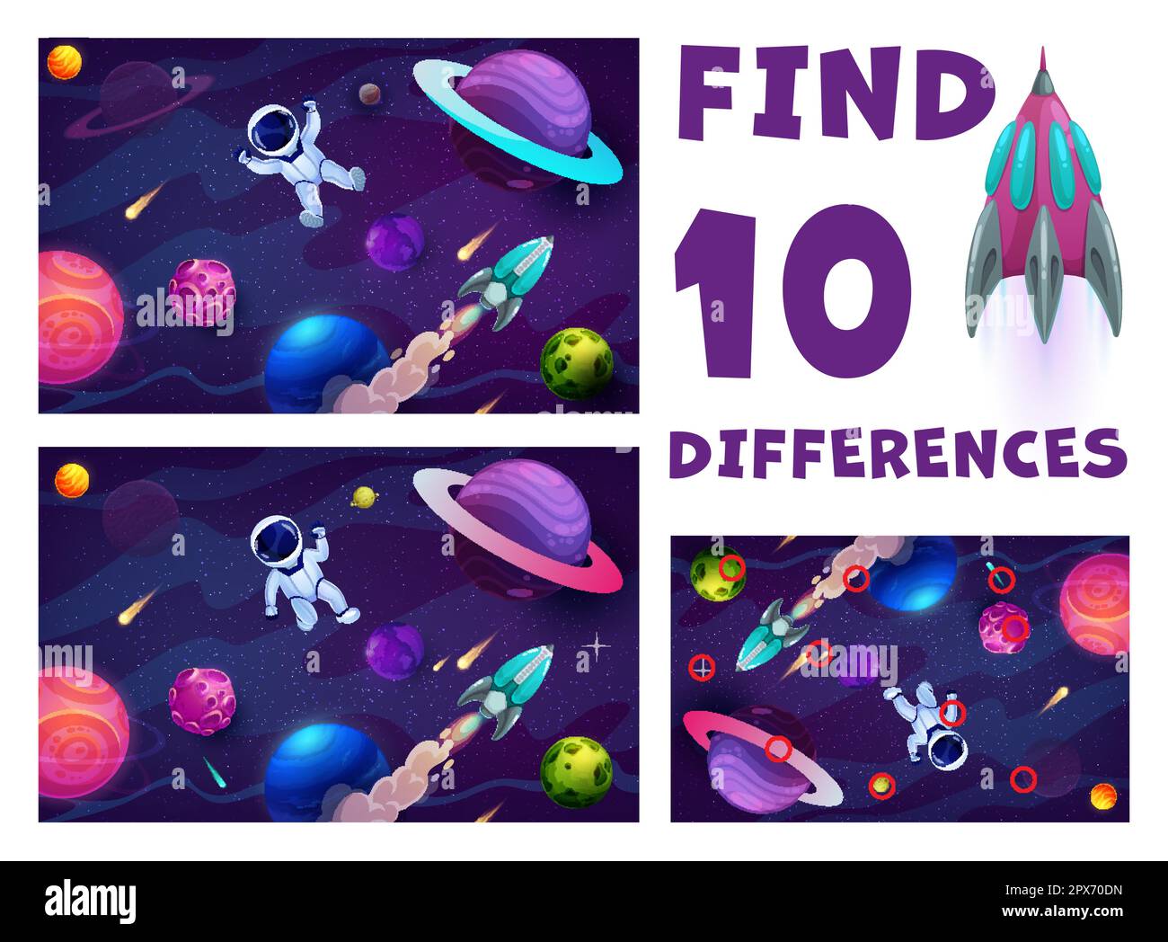 Find ten differences, cartoon astronaut in outer space, galaxy planets ...