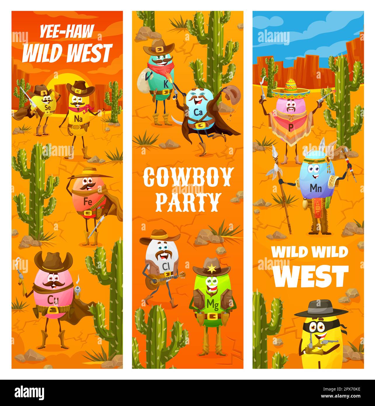 Wild west party western cartoon cowboy, sheriff, bandit and robber ...