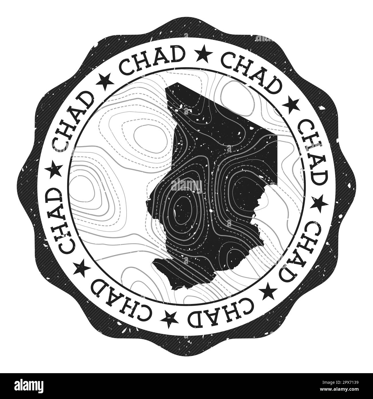 Chad outdoor stamp. Round sticker with map of country with topographic ...