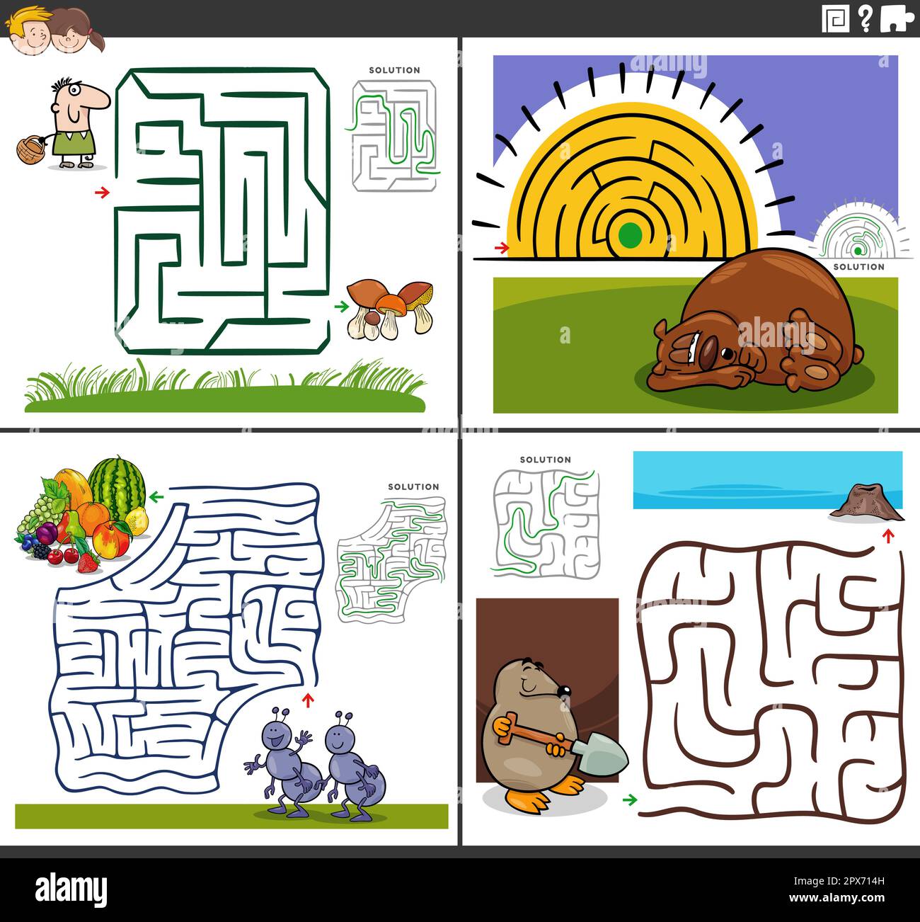 Cartoon illustration of educational maze puzzle games set with comic ...