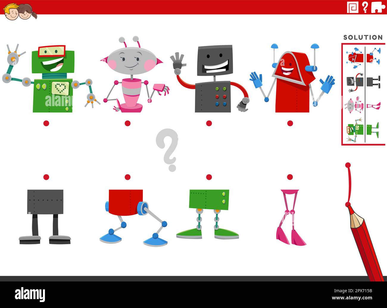 Cartoon illustration of educational game of matching halves of pictures ...