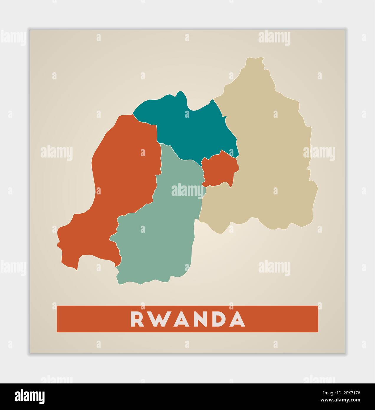 Rwanda poster. Map of the country with colorful regions. Shape of ...