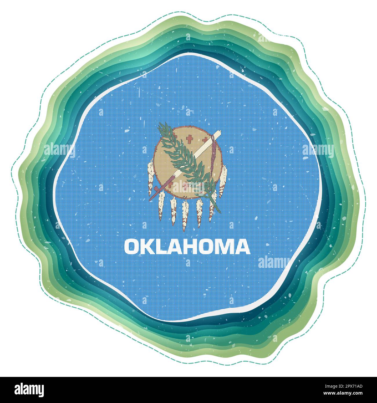 Oklahoma flag in frame. Badge of the US state. Layered circular sign ...