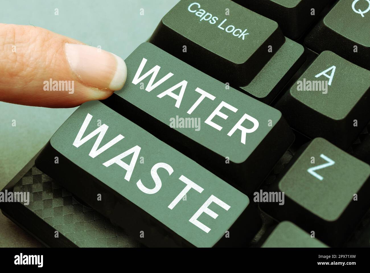 Text caption presenting Water Waste, Concept meaning liquid that has ...