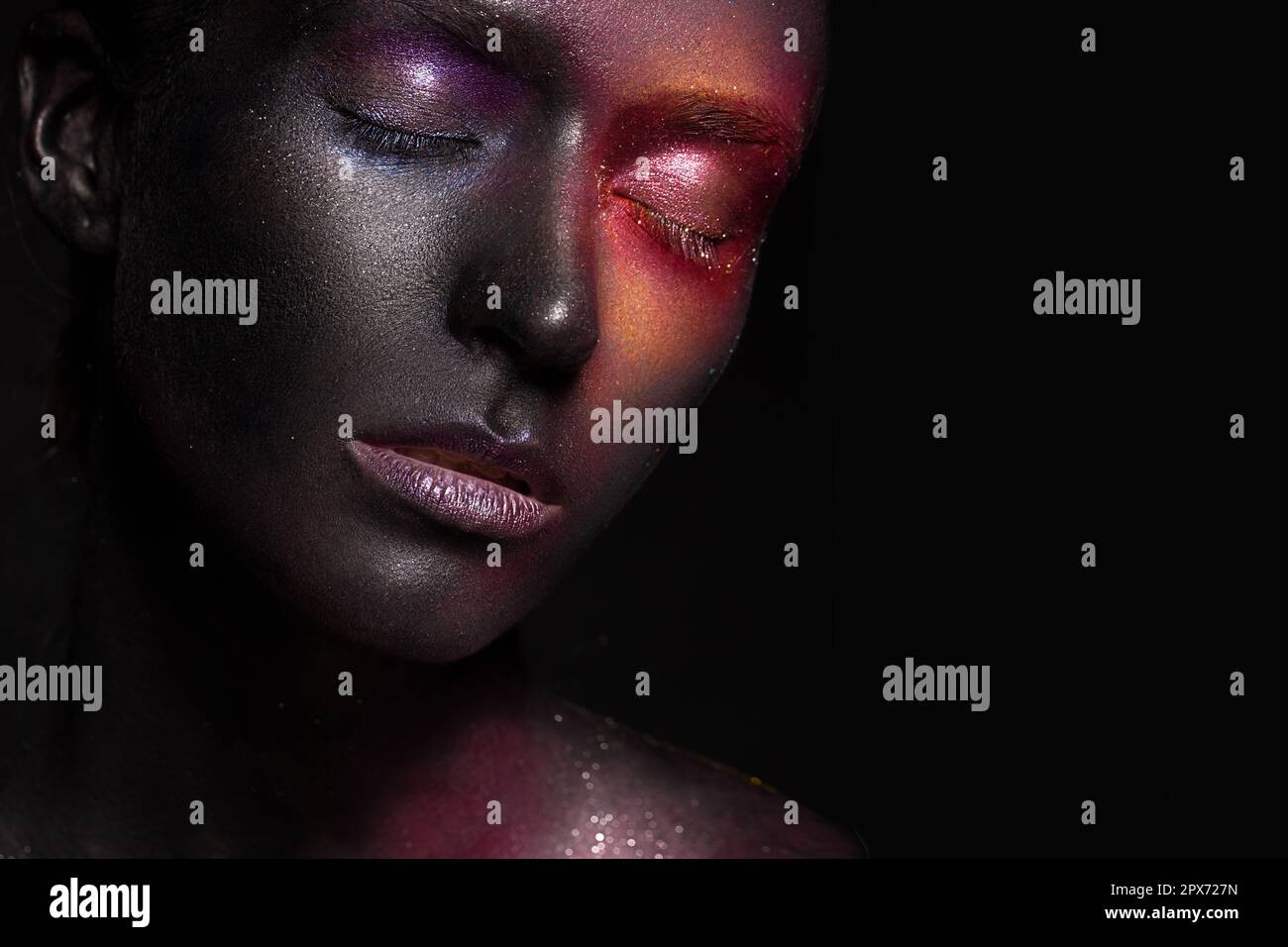 Beautiful girl with art space makeup on her face and body. Glitter Face ...
