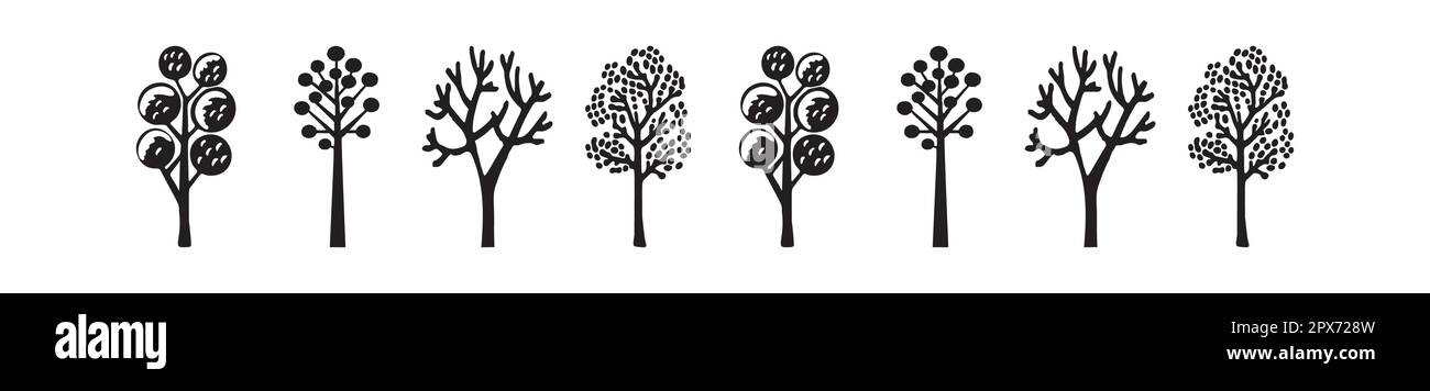 Quirky woodland tree scandi linocut vector border. Washi tape design in ...