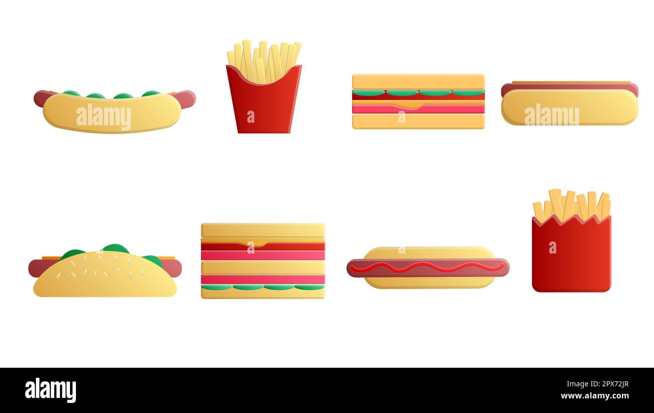 Large set of delicious sweet food and treats, fast food, hot dog ...