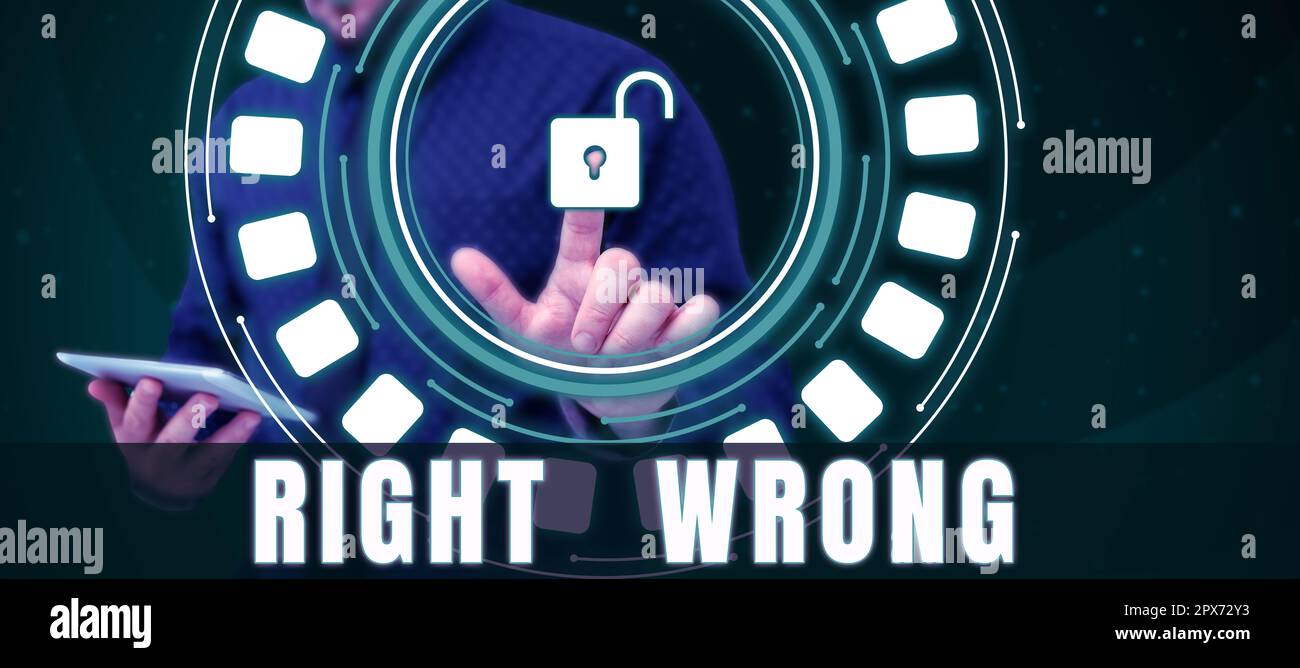 Conceptual caption Right Wrong, Word for choose between two decisions ...