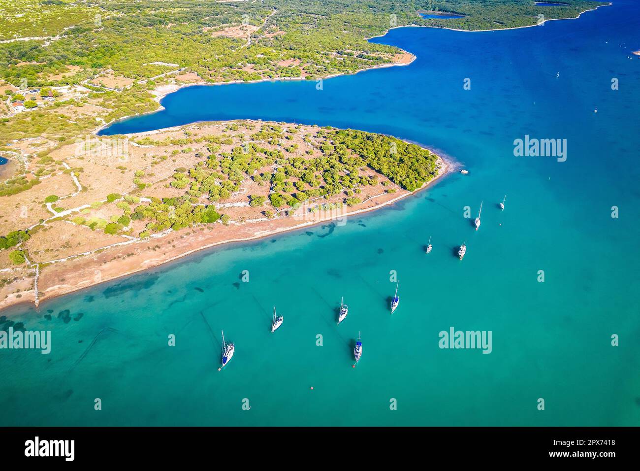 Turquoise sailing coasline on Cres island aerial view, archipelago of ...