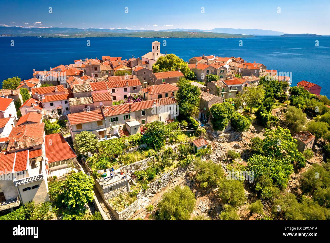 Mediterranean village of Beli on Cres island aerial view, Kvarner ...