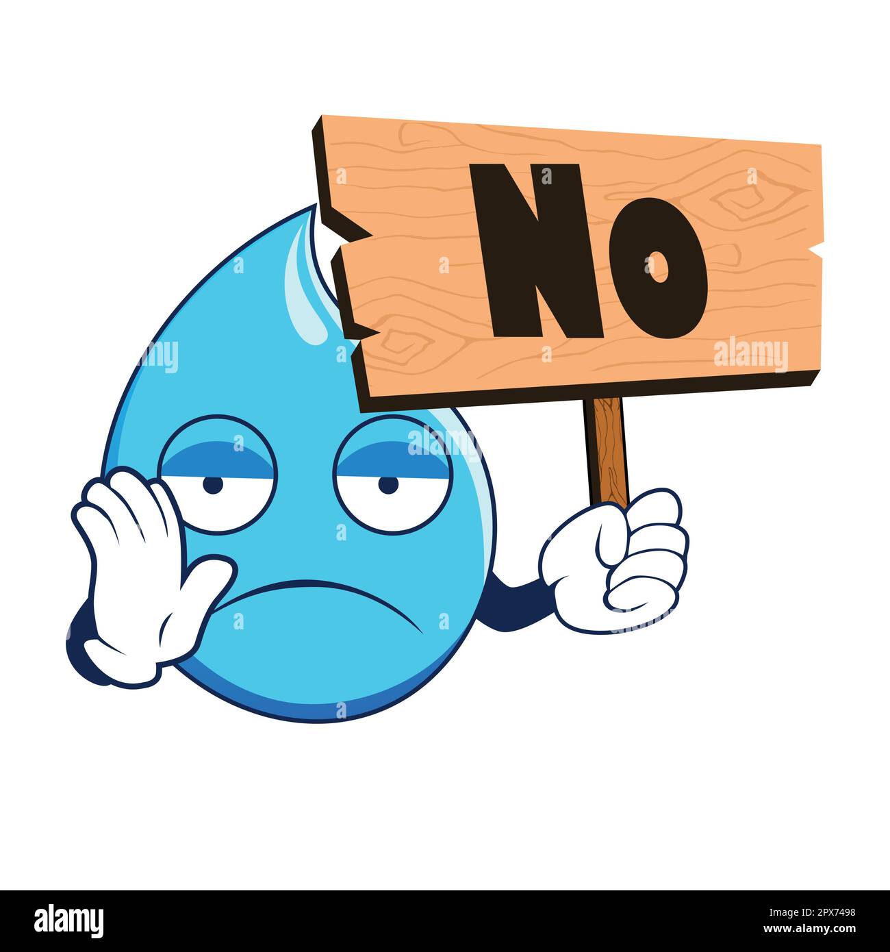 Water drop mascot holding up a wood sign with word NO. Vector ...