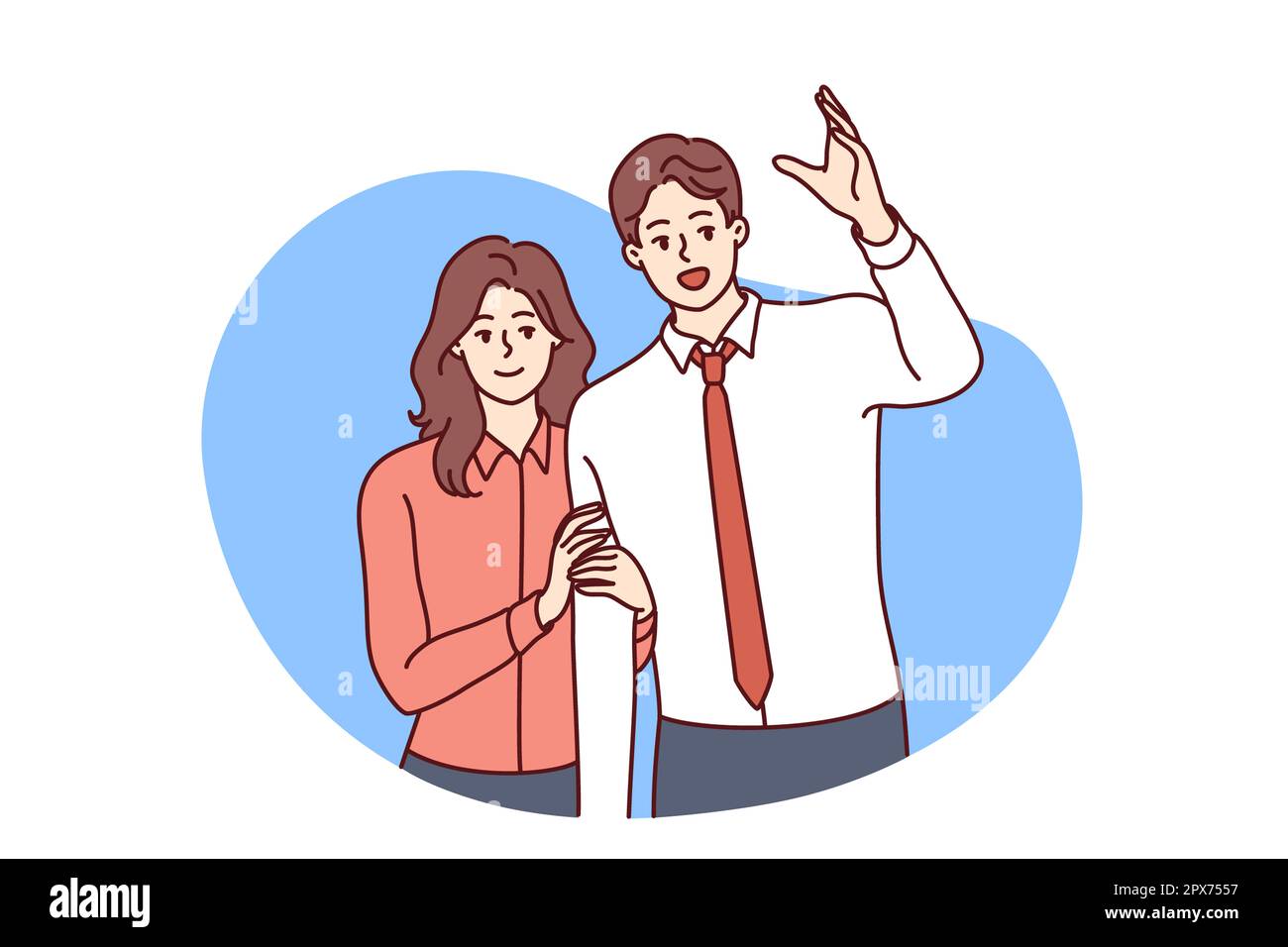 Man raising hand wanting to be noticed and modest smiling woman ...