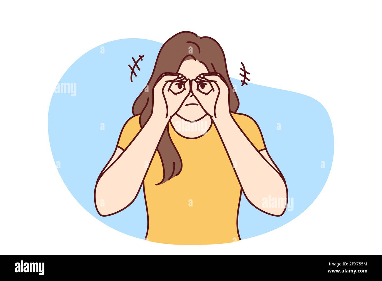 Curious woman looking at screen using hands instead of binoculars wants ...