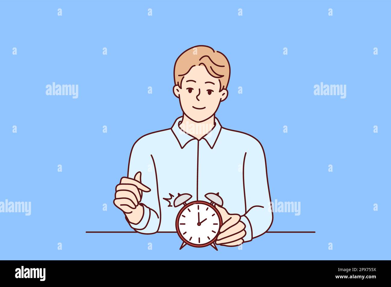 Smiling man points finger at alarm clock to remind of beginning or end ...