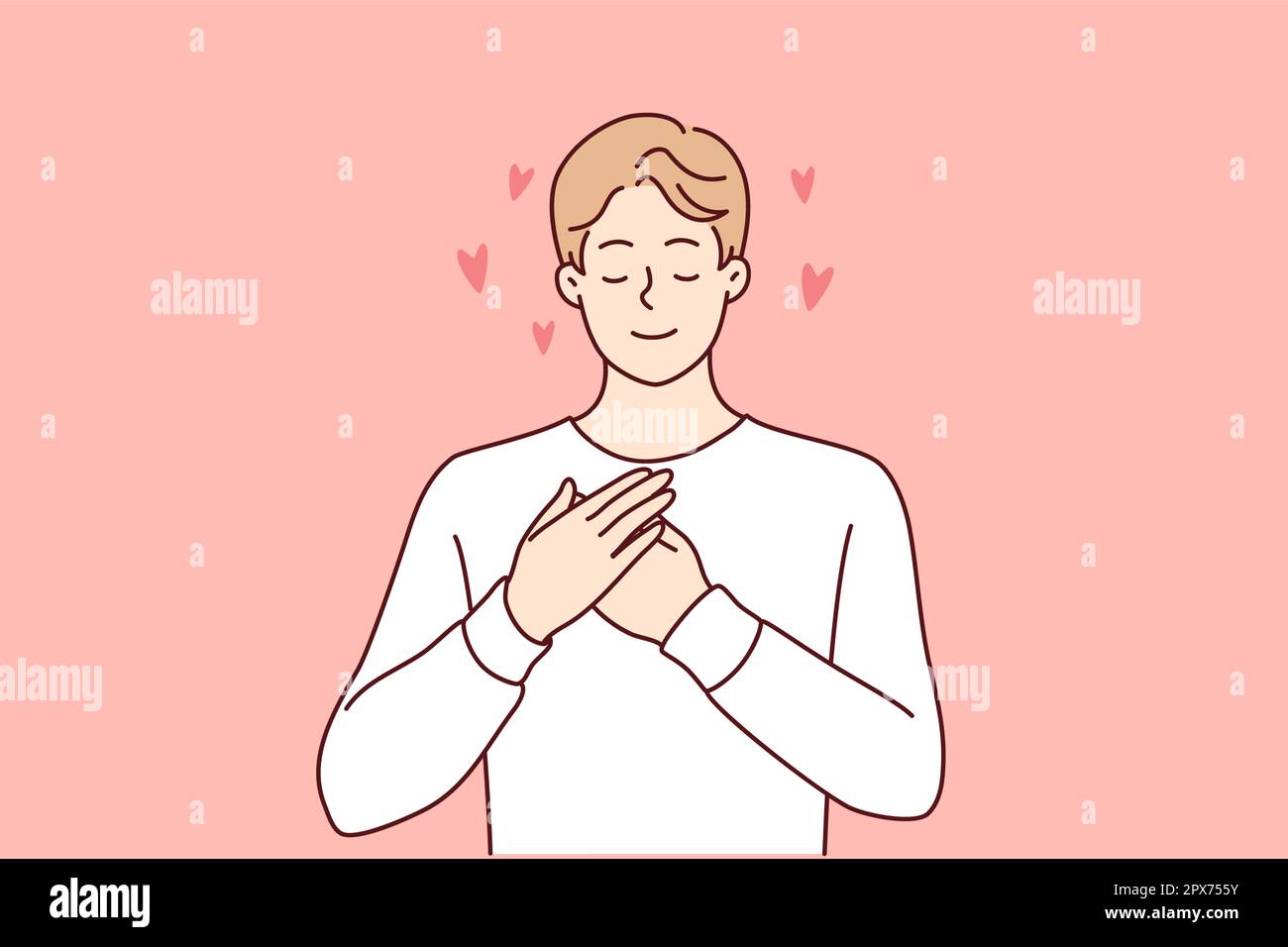Enamored man puts hands on chest demonstrating romantic mood and closes ...