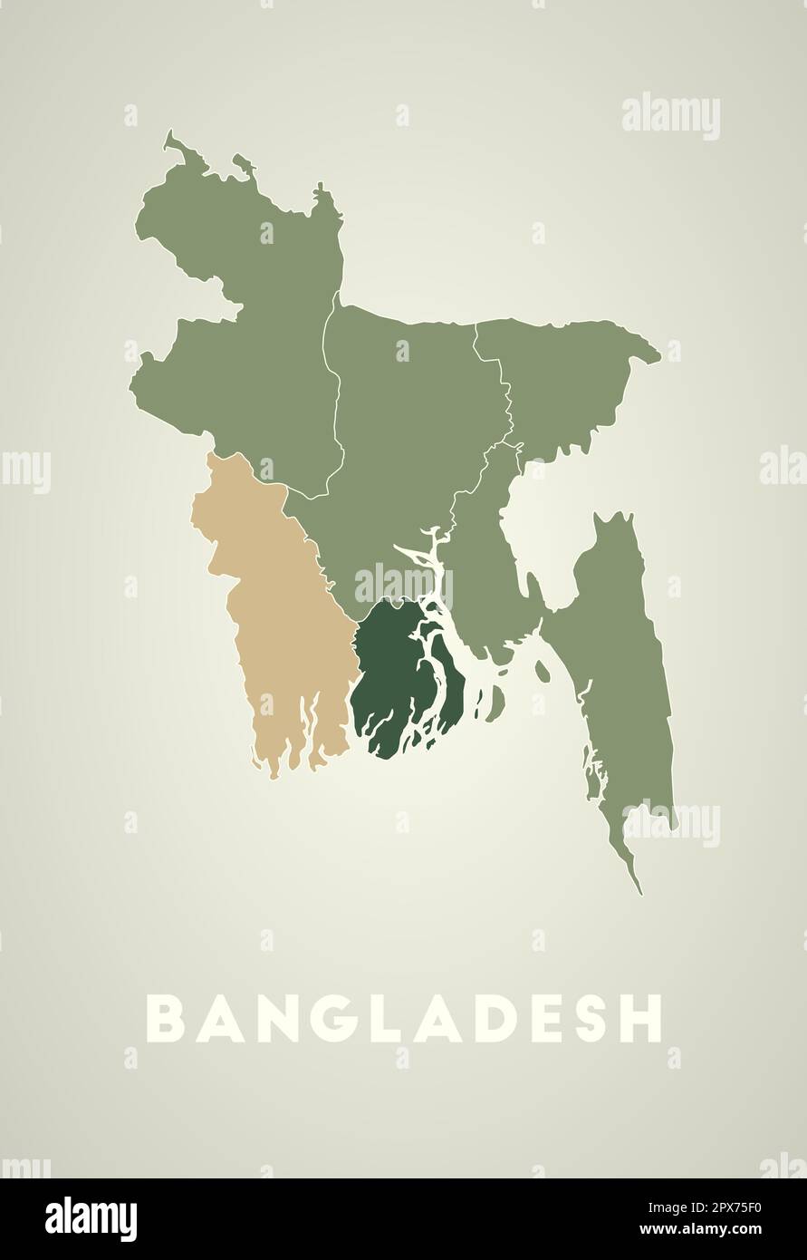 Bangladesh poster in retro style. Map of the country with regions in ...