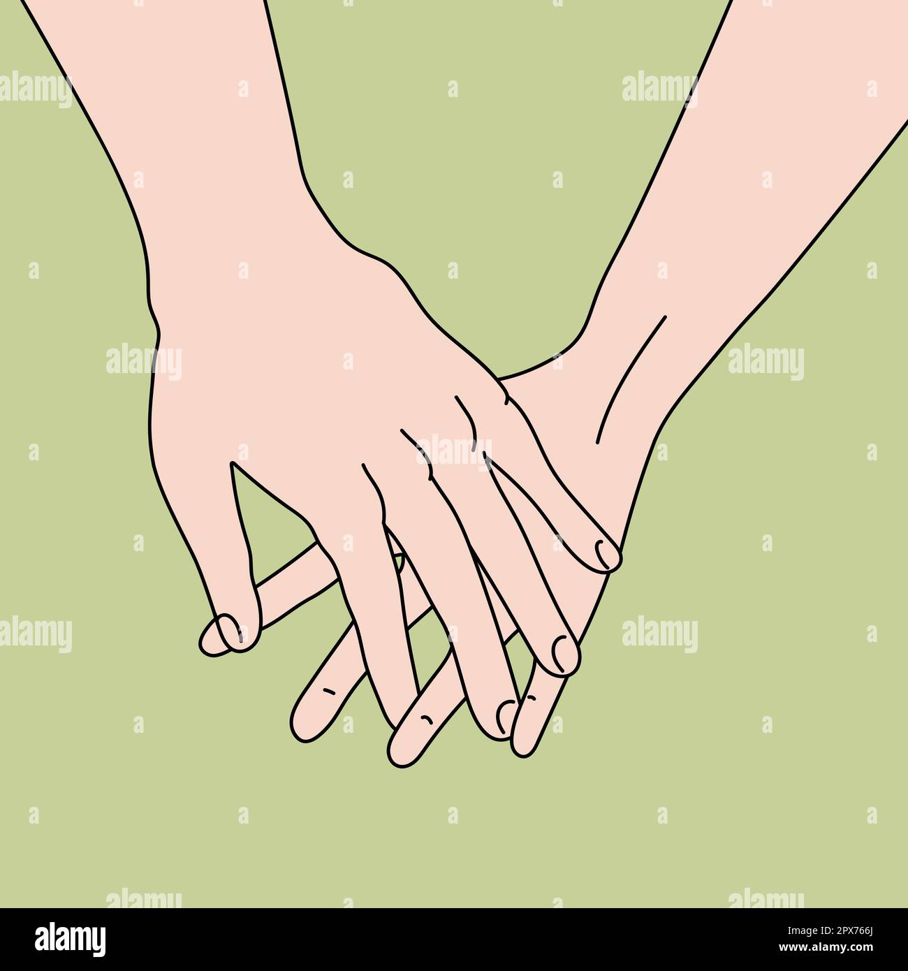 Hand drawn art of hand in hand on green background. Love and friendship ...