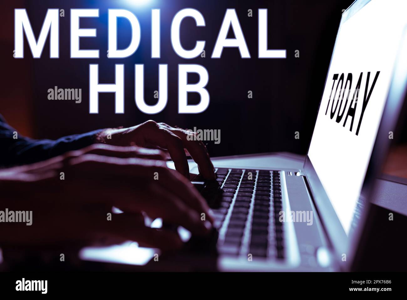 Text sign showing Medical Hub, Word for Common connection point for ...