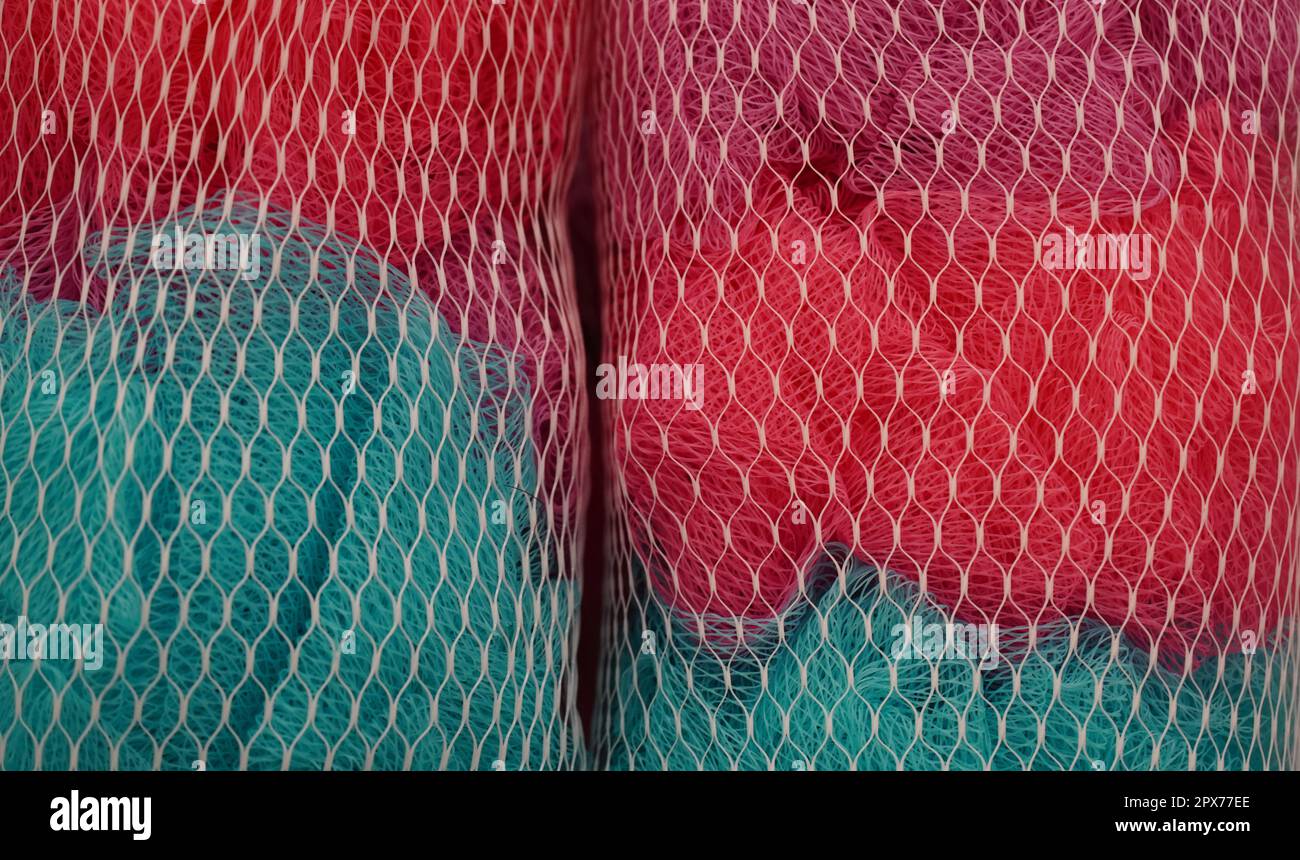 Soft body puffy shower sponge. Washcloth made of synthetic mesh Stock Photo - Alamy