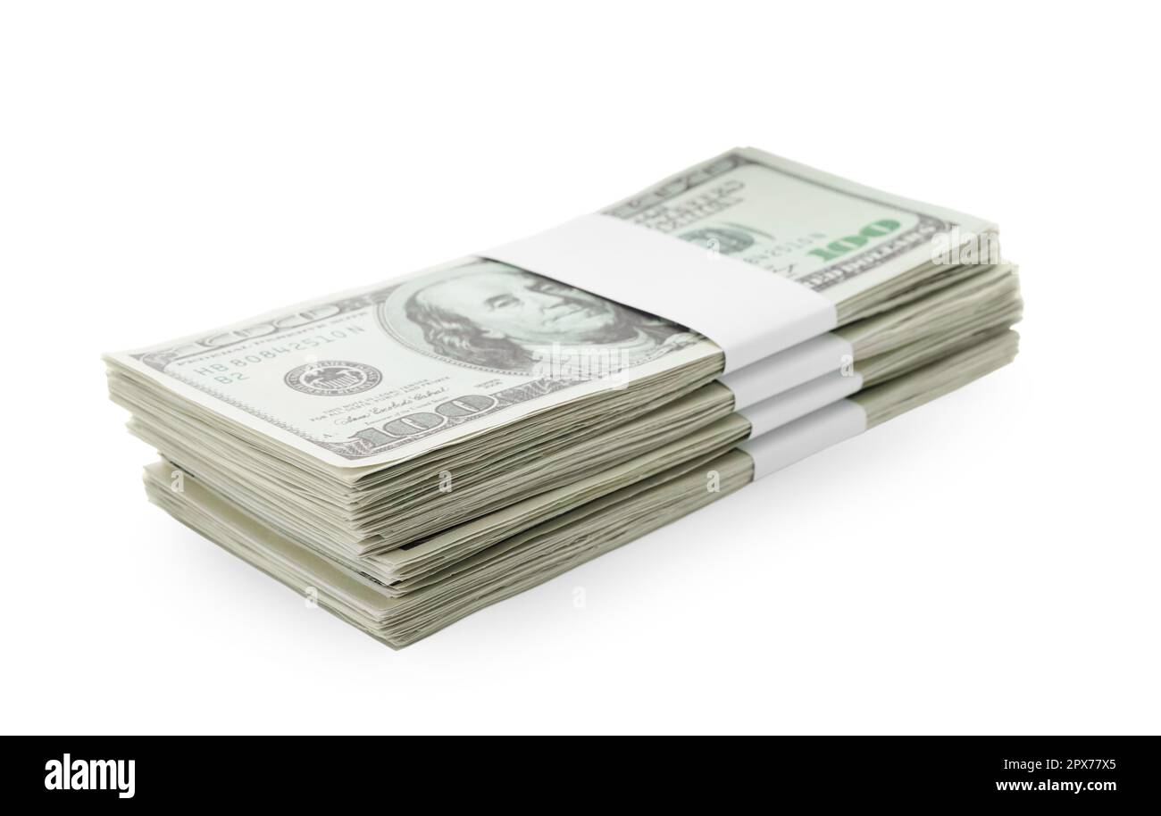 Bundles of dollar banknotes isolated on white. American national ...