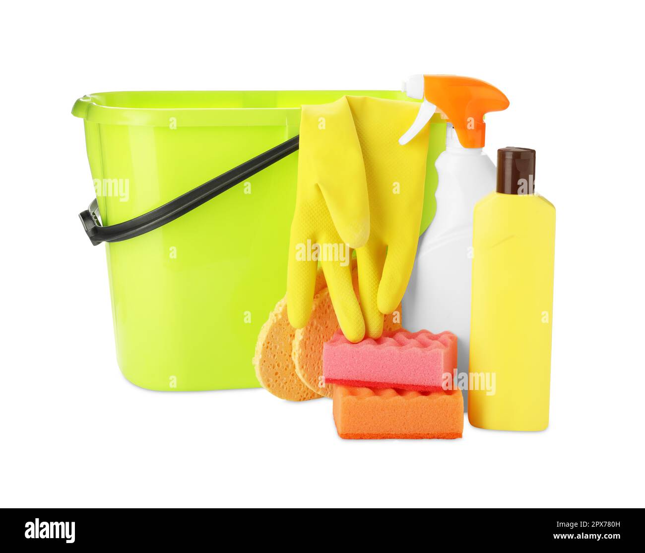 Green plastic bucket, cleaning supplies and tools on white background ...