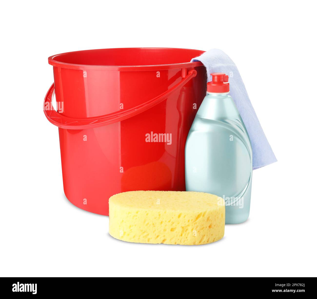 Red plastic bucket, bottle of detergent and cleaning tools on white ...
