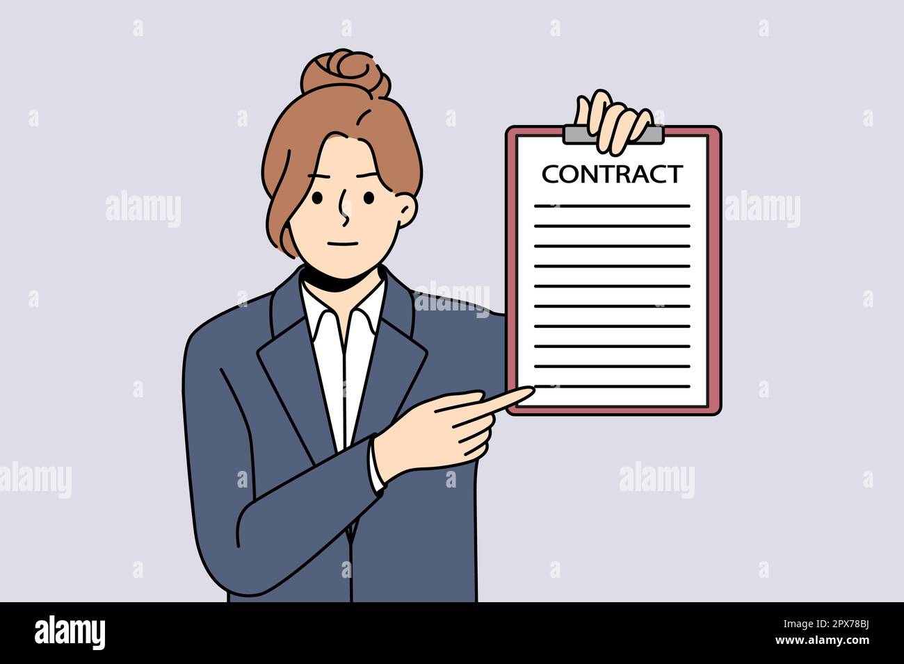 Serious young businesswoman in suit point at paper contract. Strict ...