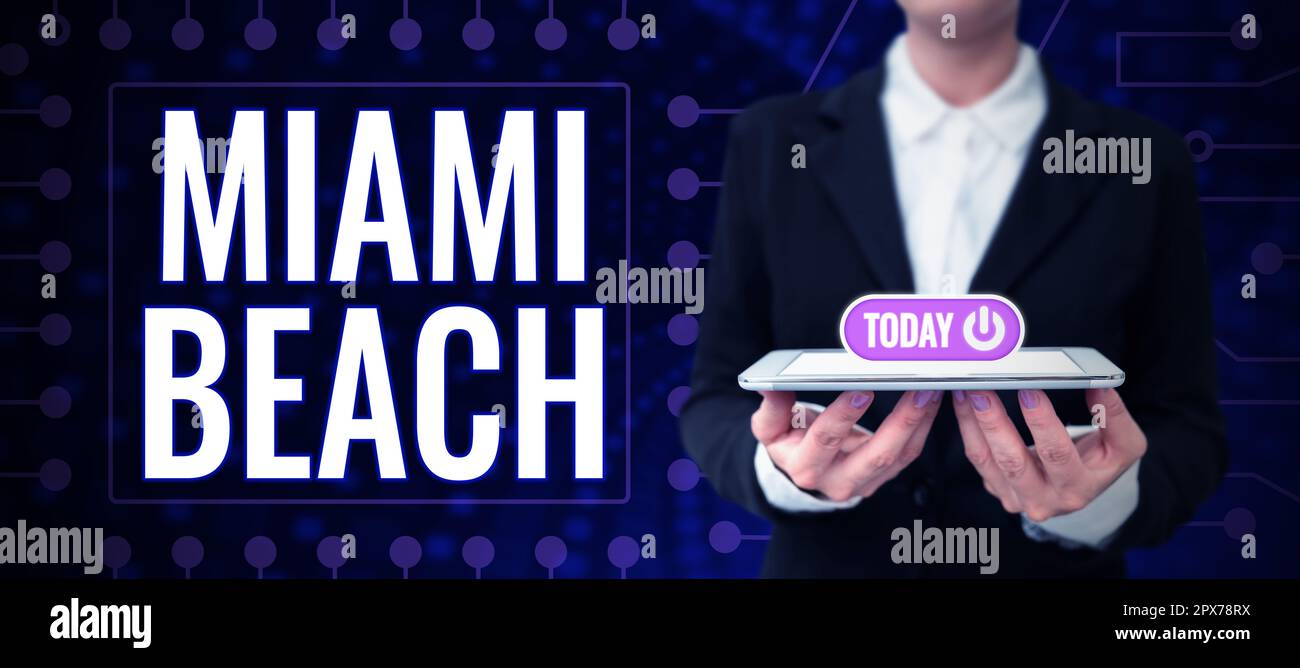 Text sign showing Miami Beach, Business overview the coastal resort ...