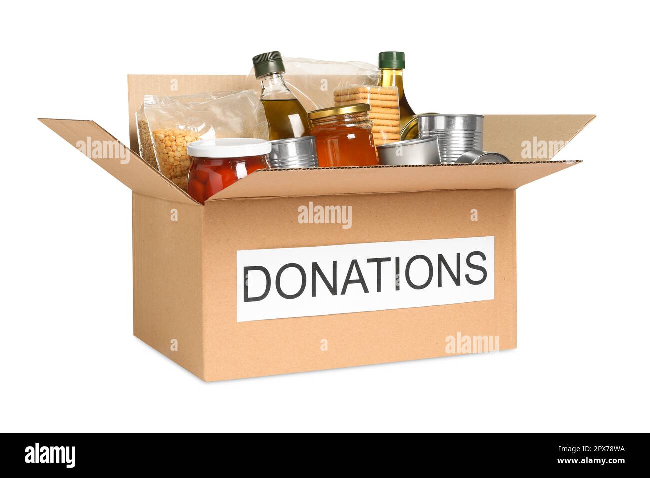 Donation box with food isolated on white Stock Photo - Alamy