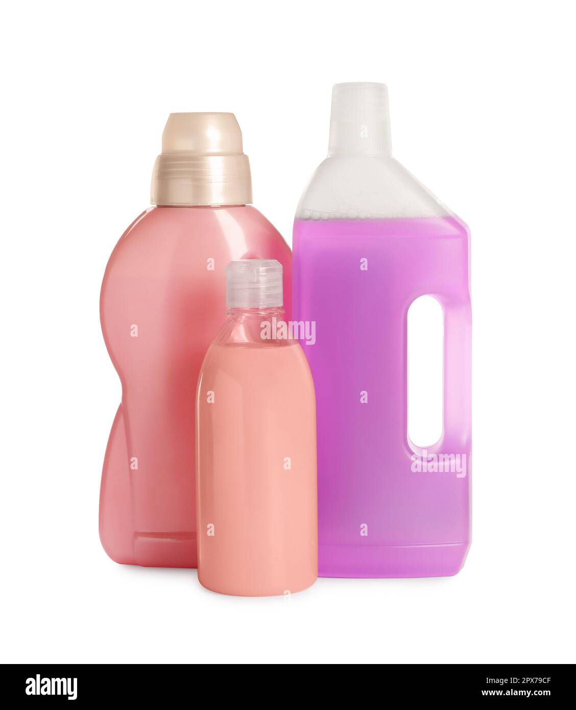 Different bottles with detergents on white background Stock Photo - Alamy