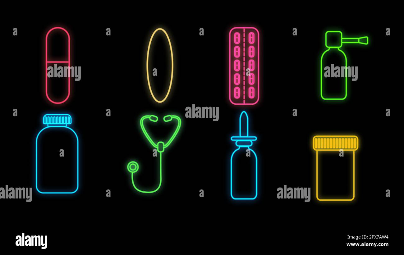 Set of bright luminous multi-colored medical neon signs for a pharmacy ...