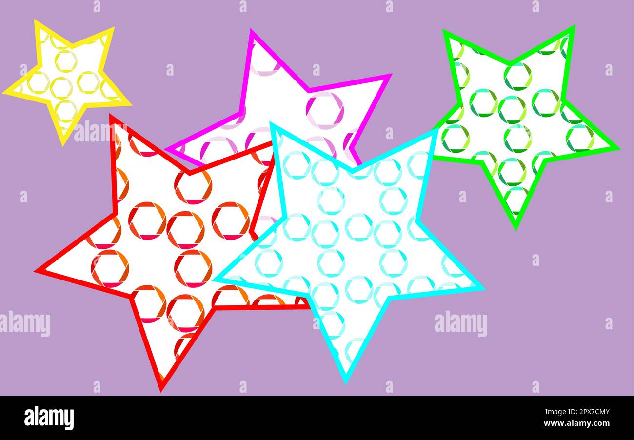 5 multicolored, bright, motley, beautiful stars painted in a pouring ...