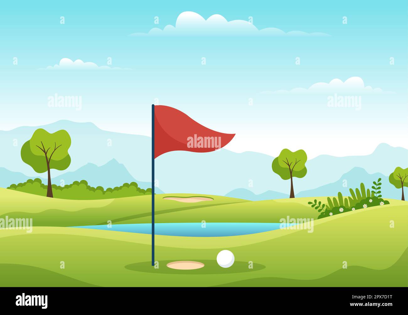 Golf Sport Illustration with Flags, Cart, Sticks, Green Field and Sand ...