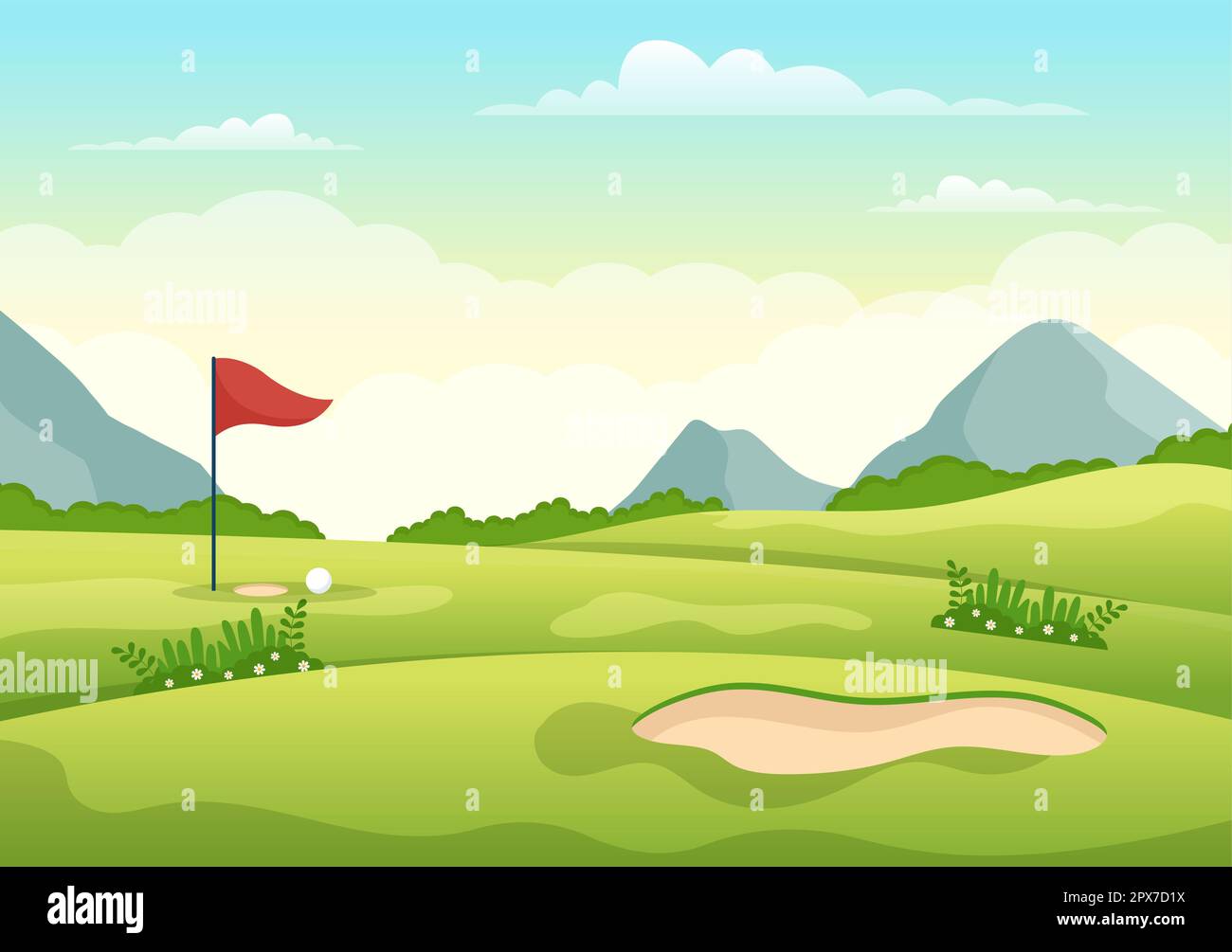 Golf Sport Illustration with Flags, Cart, Sticks, Green Field and Sand ...