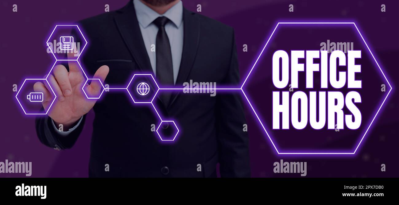 Hand writing sign Office Hours, Word Written on The hours which ...