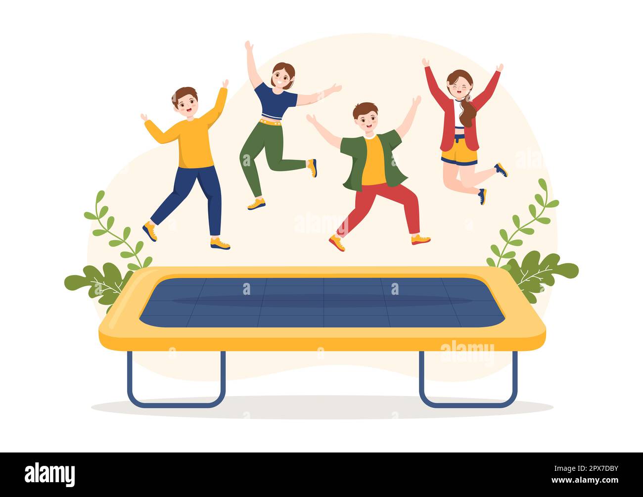 Trampoline Illustration with Youth Jumping On a Trampolines in Hand ...