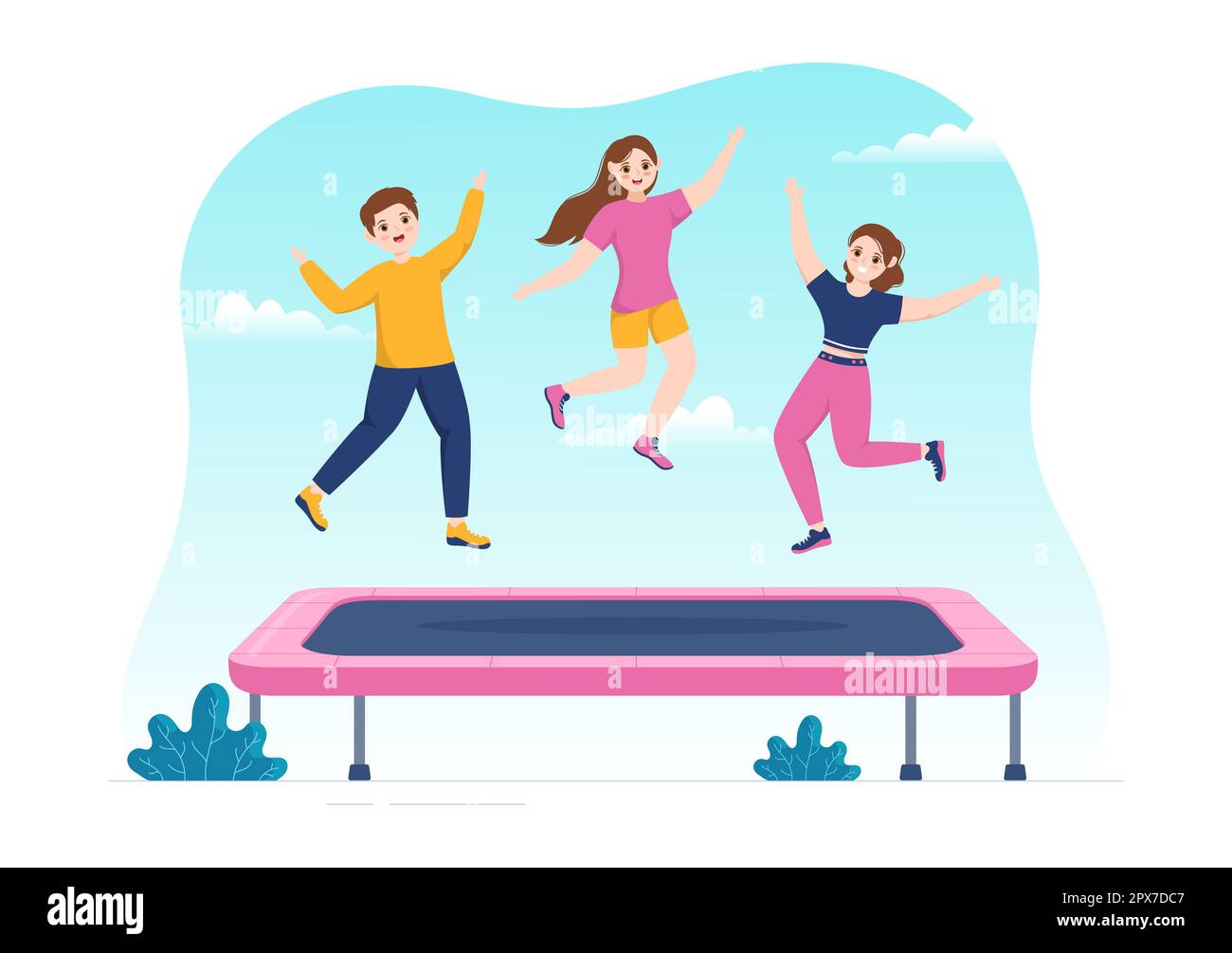 Trampoline Illustration with Youth Jumping On a Trampolines in Hand ...