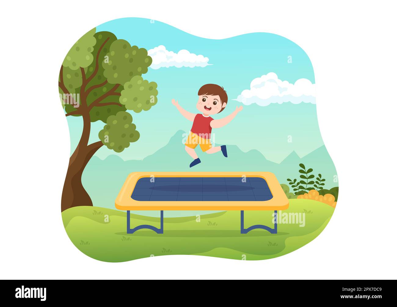 Trampoline Illustration with Little Kids Jumping On a Trampolines in ...