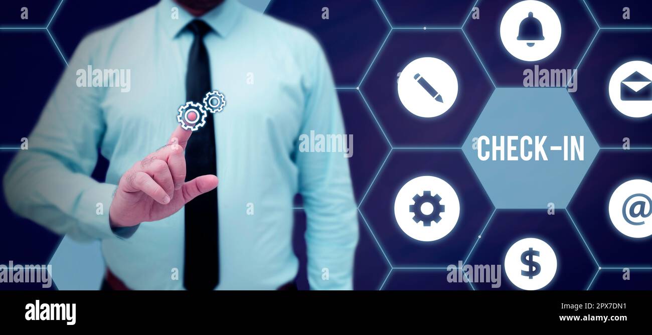 Hand writing sign Check In, Concept meaning Procedure by which an ...