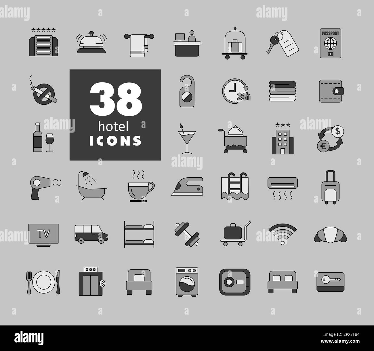 Hotel vector grayscale icon set. Graph symbol for travel and tourism ...